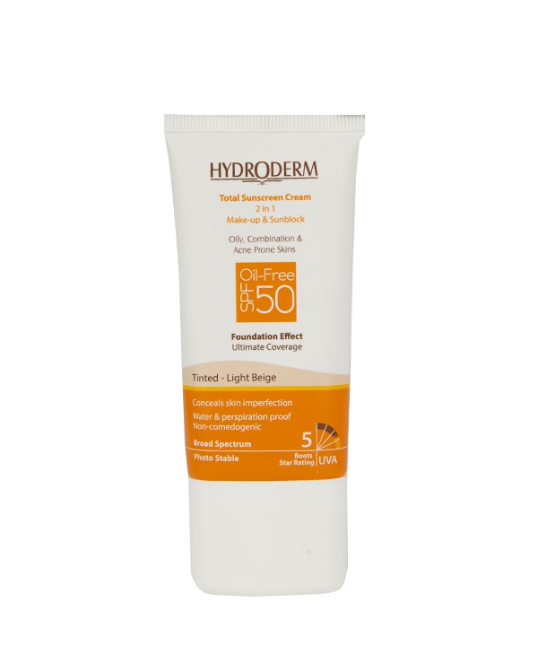 کرم ضدآفتاب کرم پودری فاقد چربی spf50 هیدرودرم Hydroderm حجم 40 گرم|رنگ بژ روشن-بانی مد